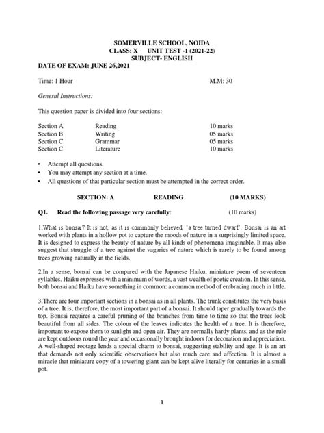 Class X English Ut1 Qp 2021 22 Pdf Bonsai Nature