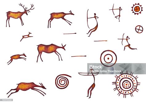 암각화를 모방한 고립된 수채화 세트 사슴 그림 활로 사냥하는 사람들 태양의 원시적인 이미지 흰색 배경에 나선 갈색에 대한 스톡 벡터 아트 및 기타 이미지 Istock