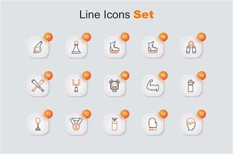 세트 라인 야구 헬멧 권투 글러브 펀칭 백 메달 피트니스 셰이커 보디 빌더가 근육과 스톱워치 아이콘을 보여줍니다 벡터 3위에 대한 스톡 벡터 아트 및 기타 이미지 Istock