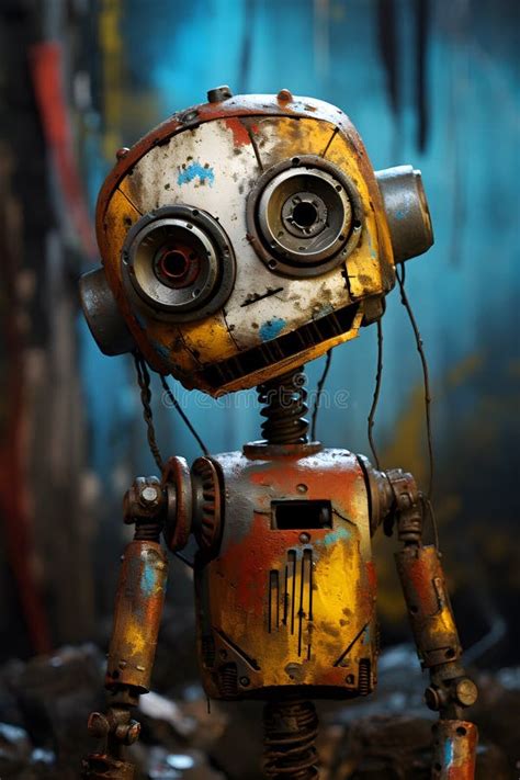 Figure Of An Old Small Robot With Rust And Worn Parts Stock