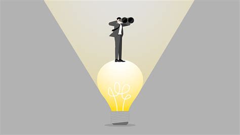 한 사업가가 큰 전구에 쌍안경을 사용합니다 비즈니스 솔루션 문제 해결 작업 아이디어 창의성 영감 상상력 사고 창조 안락 지대 및 비전 개념 비즈니스에 대한 스톡 벡터 아트