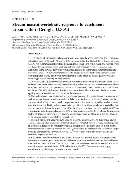 Pdf Stream Macroinvertebrate Response To Catchment Urbanisation Georgia Usa