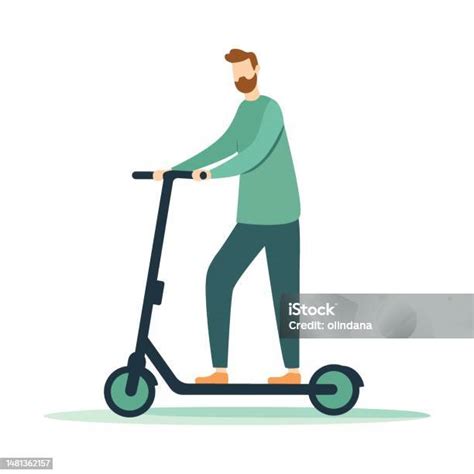 벡터 삽화는 전기 스쿠터를 타고 수염을 가진 젊은 남자 현대 기술 지속 가능한 생활 환경 생태학 전기 스쿠터에 대한 스톡 벡터
