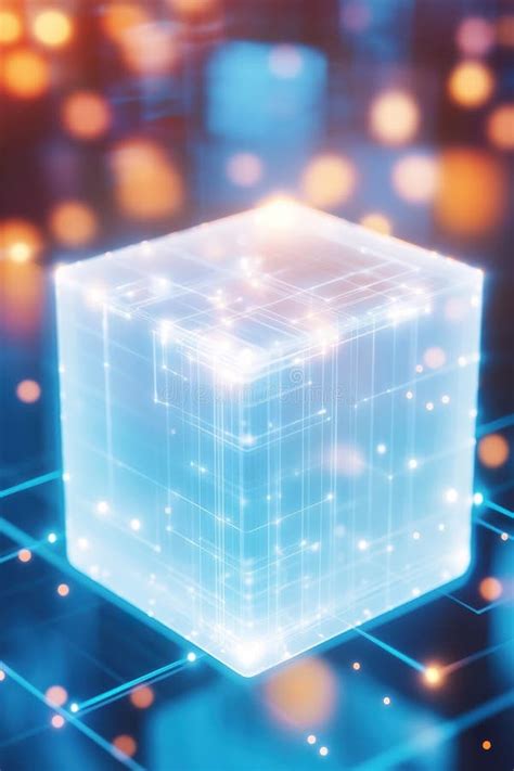 Futuristic Glowing Digital Cube In A Techno Grid Setting With Bokeh Lights Stock Illustration