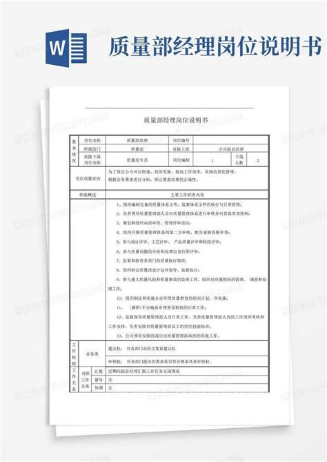 质量部经理岗位说明书Word模板下载 编号lbxdvnpm 熊猫办公