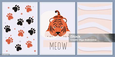 귀여운 호랑이와 엽서 및 초대 템플릿세트 배경 아프리카 민족 인쇄 반점과 물결 모양의 라인 인사말 비문으로 벡터 추상벽 포스터 디자인 0명에 대한 스톡 벡터 아트 및 기타