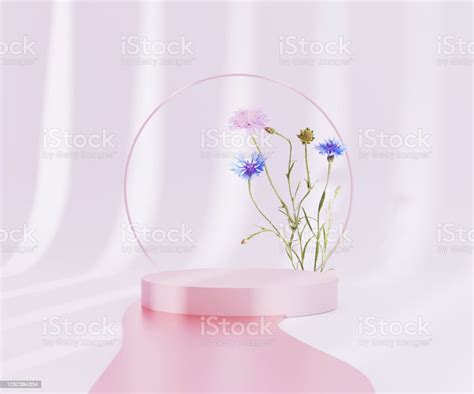 천연 필드 플라워와 둥근 프레임 링3d 연단 받침대 흰색 배경에 복사 공간이 있는 라일락 디스플레이 스테이지 배너에 대한 분홍색