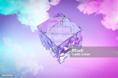 흰 구름이 있는 무한한 다채로운 배경 위에 공중에 떠 있는 얼음 유리 큐브 3d 일러스트레이션 0명에 대한 스톡 사진 및 기타 이미지 Istock