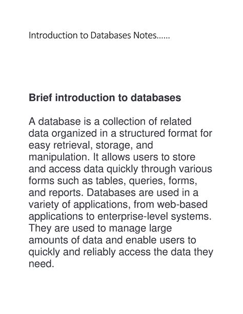 Introduction To Databases Notes Brief Introduction To Databases