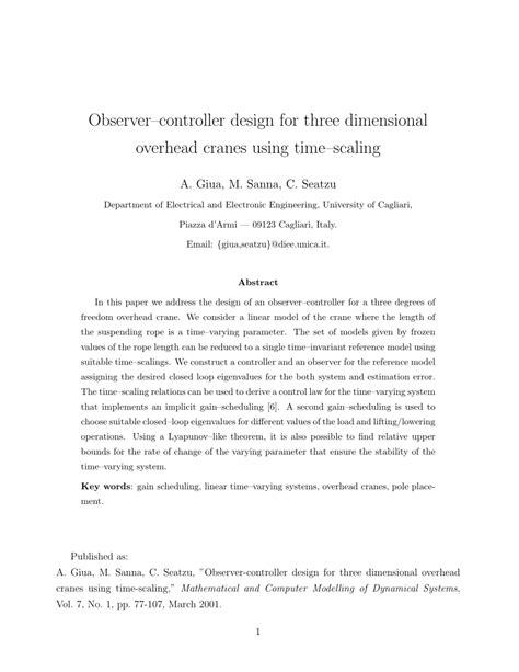 Pdf Observer Controller Design For Three Dimensional Overhead Cranes Using Time Scaling