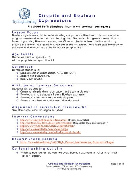 circuits and boolean expressions lesson plan for 3rd 6th grade
