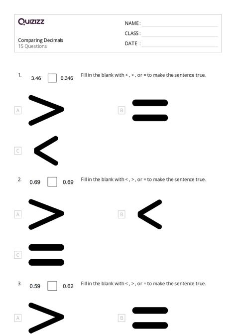 50 Comparing Decimals Worksheets For 4th Class On Quizizz Free And Printable