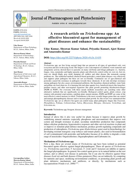 Pdf A Research Article On Trichoderma Spp An Effective Biocontrol Agent For Management Of