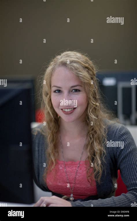 Female Babe Using Computer In Class Stock Photo Alamy