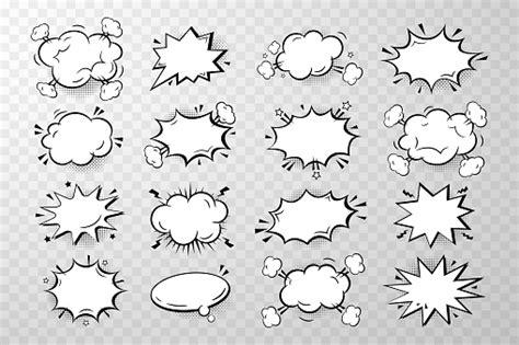 구름 별 하프톤 그림자가있는 빈 만화 연설 거품 스티커의 손으로 그린 컬렉션 복고풍 스타일의 팝 아트 벡터 만화 일러스트레이션 만화책 포스터 배너 카드를위한 디자인 1990