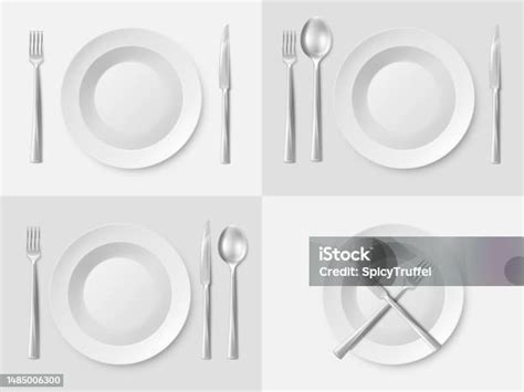 테이블 플레이트 금속 수저가 있는 원형 세라믹 접시 숟가락과 포크 식탁 칼로 음식을 먹습니다 빈 그릇 저녁 식사 서비스 연회 식기류 현실적인 식기 벡터 일러스트레이션 세트
