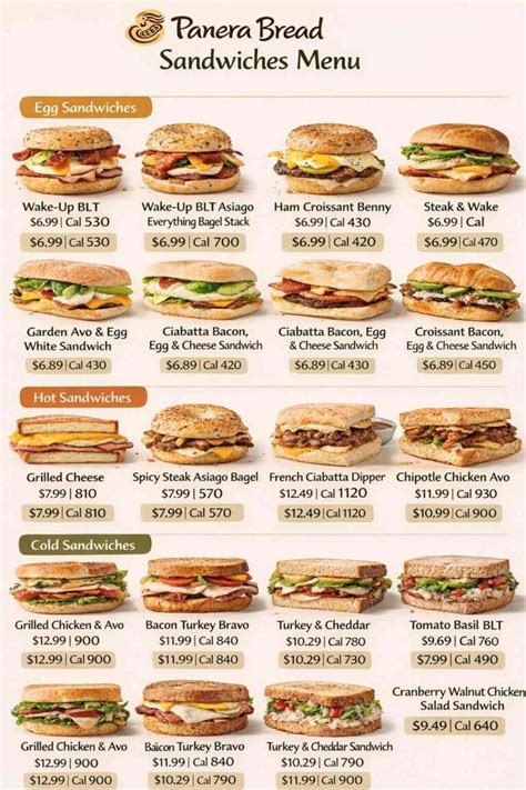 Panera Bread Sandwiches Menu With Prices