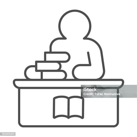 책 얇은 라인 아이콘의 스택 사서 어린이 책 일 개념 흰색 배경에 테이블 벡터 기호에 남자 모바일 개념 및 웹 디자인을위한 사서 개요 스타일 벡터 그래픽 사서에 대한 스톡