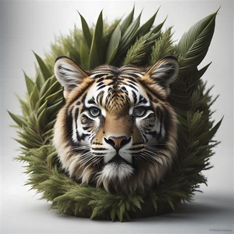 Siberian Tiger Head With Tropical Leaves Generative Ai Stock