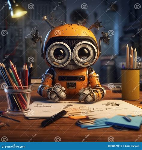 Cute Orange Robot Doing Sitting At A Desk Homework Generative Ai Stock Illustration