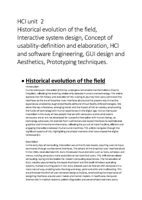 HCI Unit Human Computer Interaction Notes HCI Unit Historical Evolution Of The Field