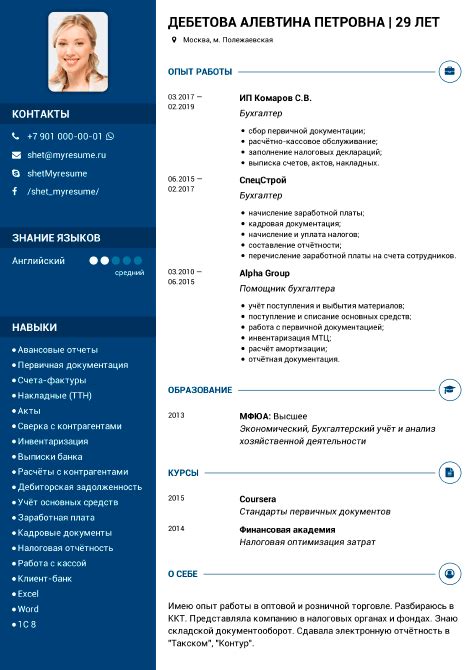 Образец резюме бухгалтера на первичную документацию