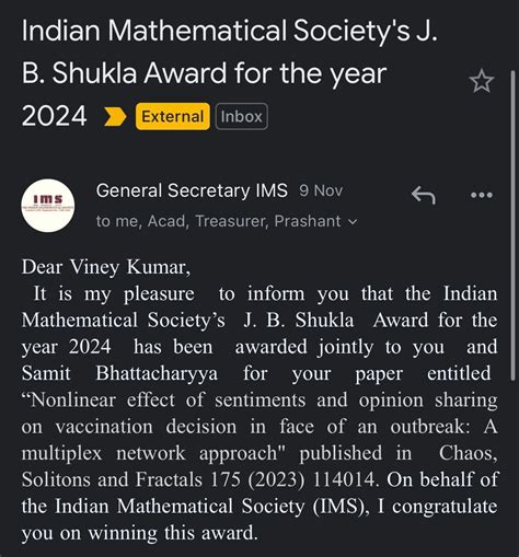 Viney Kumar On Linkedin Research Mathematics Award Indianmathematicalsociety Gratitude