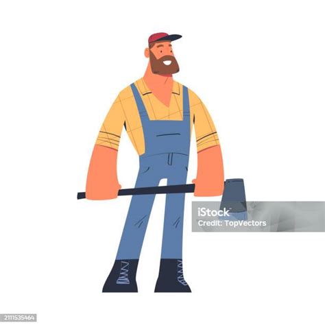 수염을 기댄 남자 벌목꾼 에서 체크 무늬 셔츠 서 있는 와 도끼 벡터 일러스트 개념에 대한 스톡 벡터 아트 및 기타 이미지