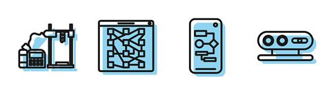 라인 알고리즘 3d 프린터 글로벌 기술 또는 소셜 네트워크 및 3d 스캐닝 시스템 아이콘을 설정합니다 벡터 0명에 대한 스톡