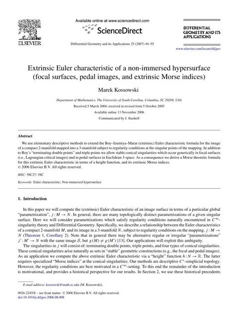 Pdf Extrinsic Euler Characteristic Of A Non Immersed Hypersurface