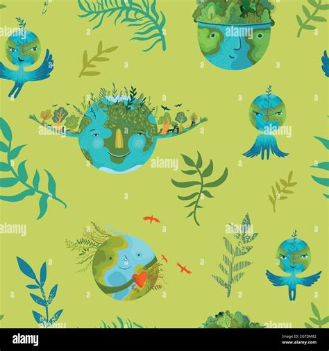 Vector Ecological Seamless Pattern With Cute Planet Earth Stock Vector