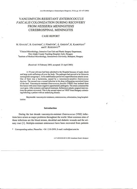 Pdf Vancomycin Resistant Enterococcus Faecalis Colonization During Recovery From Neisseria