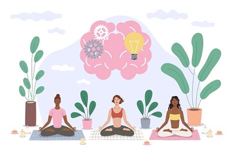 평화 롭고 창조적 인 사고 조화로운 삶을위한 그룹 신체 훈련 행복한 여성 그룹은 연꽃 자세로 명상하고 건강한 생활 방식을