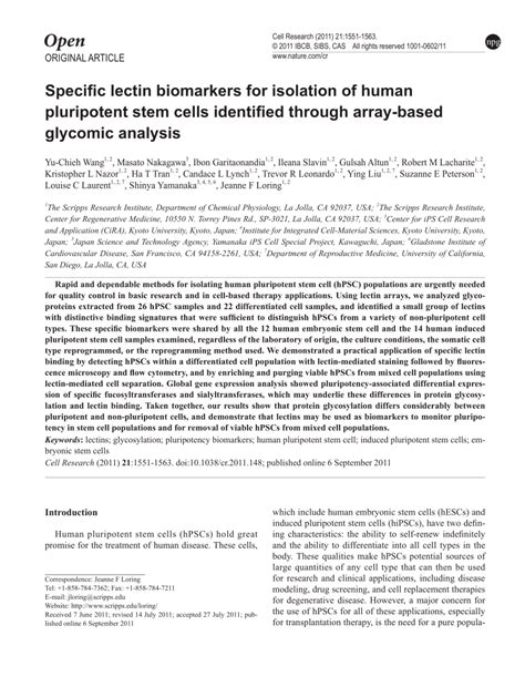 Pdf Specific Lectin Biomarkers For Isolation Of Human Pluripotent