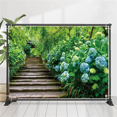 Blue Hydrangeas Brick Stairs Forest Spring Backdrop Lofaris
