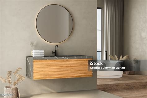 회색 벽과 석회화 바닥 흰색 타원형 욕조 대리석 세면대 전면 전망이 있는 현대적인 욕실 인테리어 현대적인 가구와 도시 전망을 갖춘 미니멀한 욕실 3d 렌더링 0명에 대한