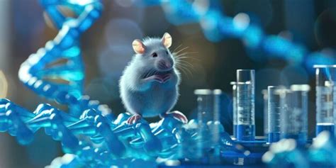A White Rat Sitting On Top Of Test Tubes Surrounded By Blue Dna Strands