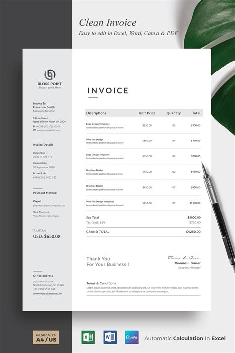 Invoice Template Invoice Design MS Excel Auto Calculation Features Receipt Word Invoice