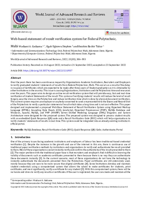 Pdf Web Based Statement Of Result Verification System For Federal Polytechnic Mubi