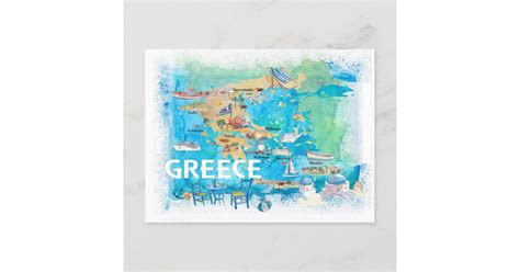 Greece Illustrated Travel Map With Landmarks Postcard Zazzle