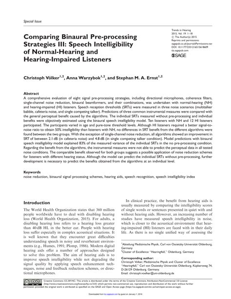 Pdf Comparing Binaural Pre Processing Strategies Iii Speech Intelligibility Of Normal Hearing