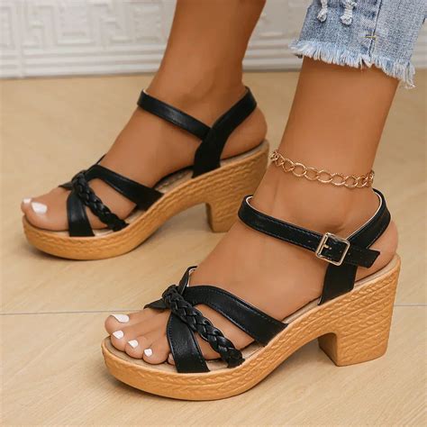 Womens Platform Block Heel Sandals With Braided Front Straps