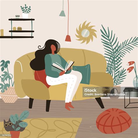 젊은 여성은 그녀의 방에 소파에 앉아 책을 읽고 주말 또는 자유 시간 지출 여성스러운 시간 컨셉 아늑한 거실에서 차가운 소녀 벡터 만화 평면 일러스트레이션 가공의 인물에
