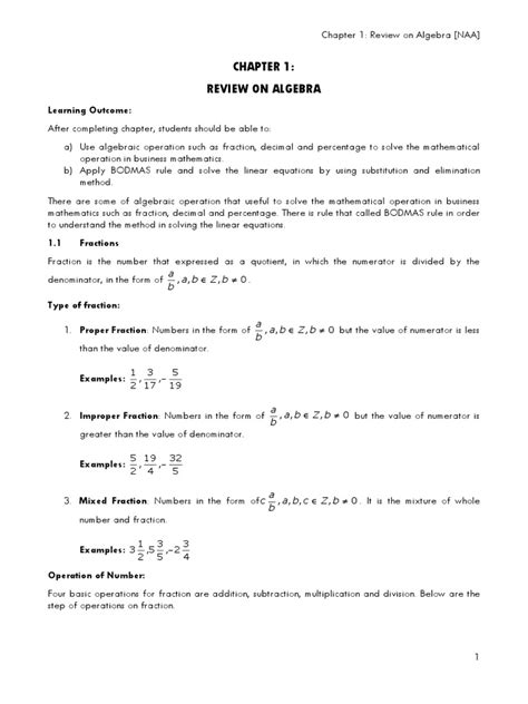 Chapter 1 Review On Algebra Pdf Equations Percentage