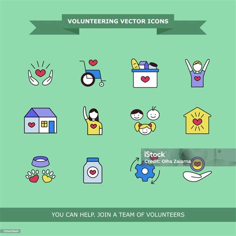 벡터 자원 봉사 아이콘 집합입니다 녹색 배경에 고립 된 컬러 사진 자원봉사자 자선 단체 도움 고아 장애인 동정심 설계를 위한 인도주의적 지원 그림 개념에 대한 스톡 벡터