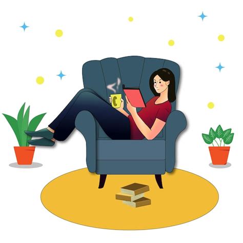 Premium Vector Woman Relaxing Dringking Tea While Reading Book On A Chair