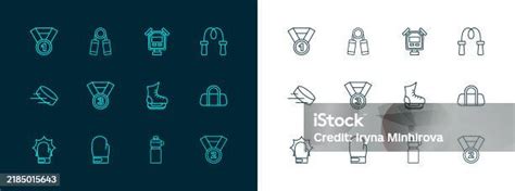 라인 줄넘기 권투 글러브 스케이트 피트니스 셰이커 메달 스톱워치 및 스포츠 확장기 아이콘을 설정합니다 벡터 1에 대한 스톡 벡터 아트 및 기타 이미지 Istock