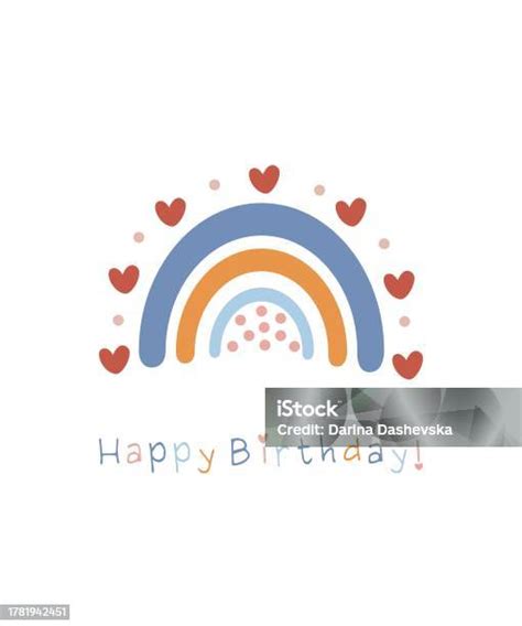 현대 스칸디나비아 스타일의 화려한 무지개와 하트가 있는 생일 축하 카드 0명에 대한 스톡 벡터 아트 및 기타 이미지 0명 귀여운 그래픽 프린트 Istock