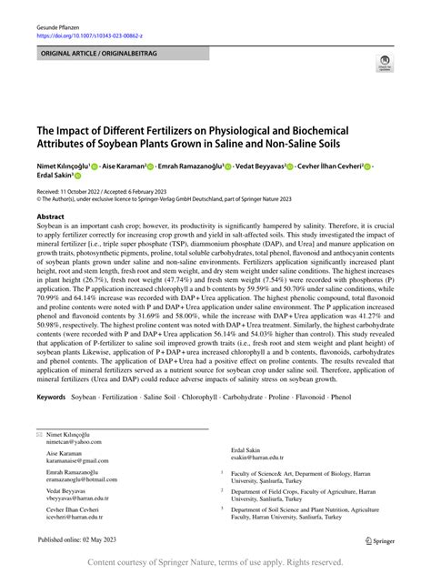 The Impact Of Different Fertilizers On Physiological And Biochemical