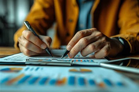 Business Financial Analytics Concept Business Man Hand With Focused On Financial Statistics